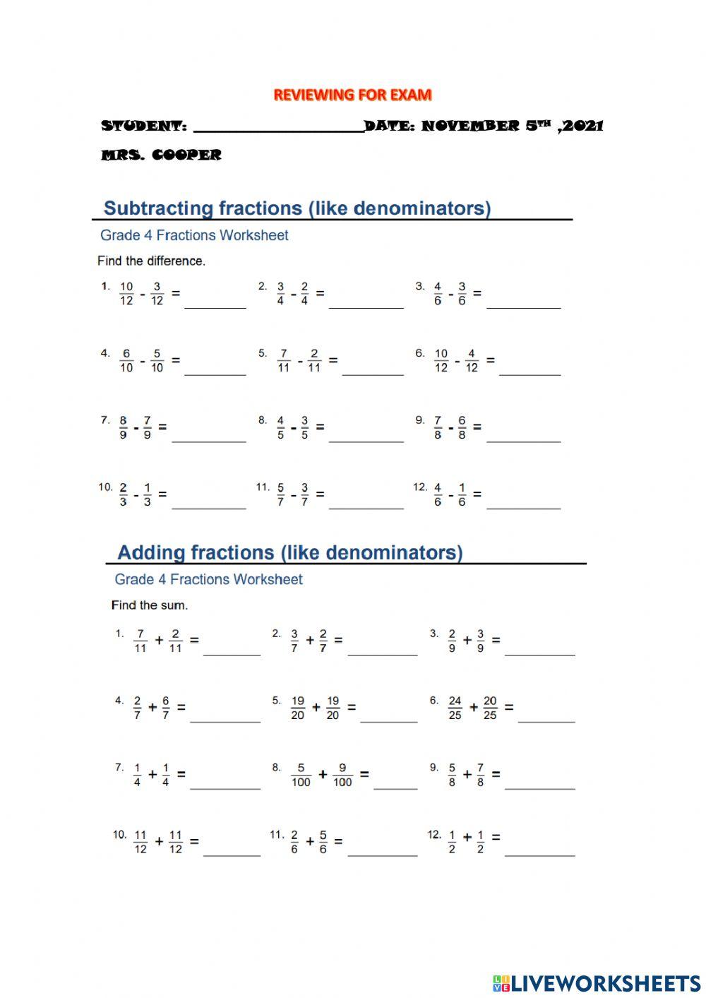 Reviewing fractions and lenght worksheet | Live Worksheets