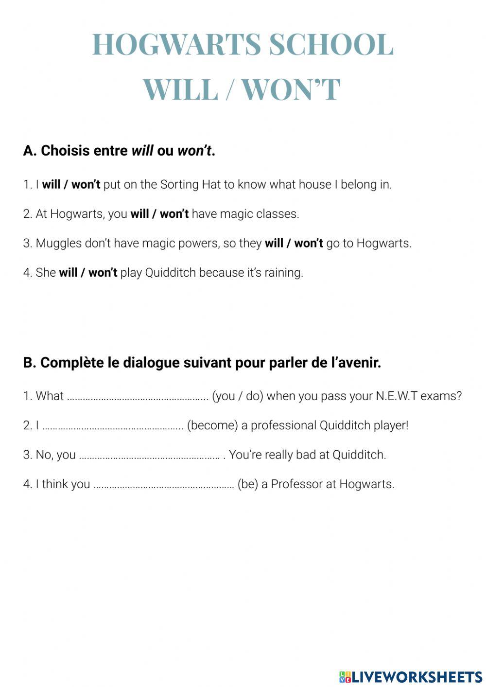 Will - won't interactive activity | Live Worksheets