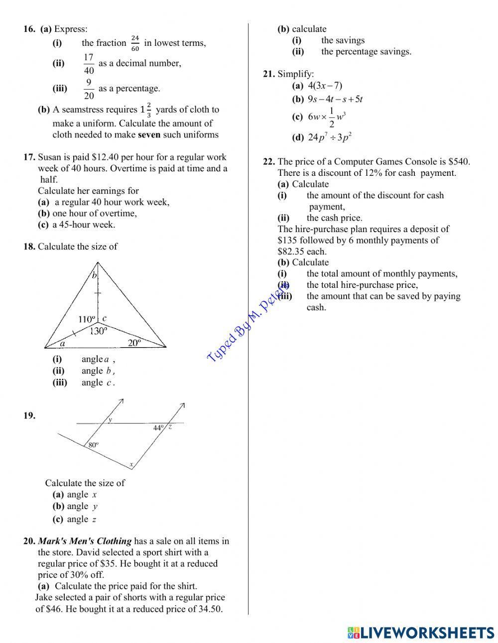 2012 BGCSE Mathematics Paper 1 Live worksheet online exercise for ...