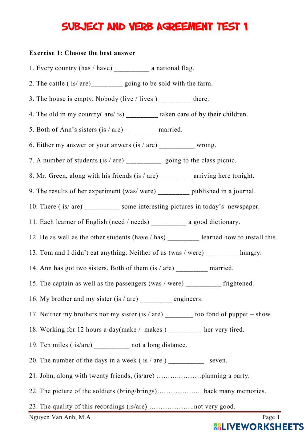 subject and verb agreement test 1 online exercise for | Live Worksheets