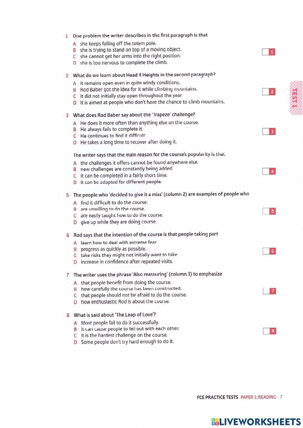 FCE- Test 1- Paper 1- Reading worksheet | Live Worksheets