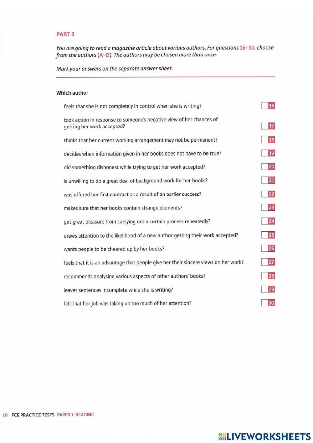 FCE- Test 1- Paper 1- Reading worksheet | Live Worksheets
