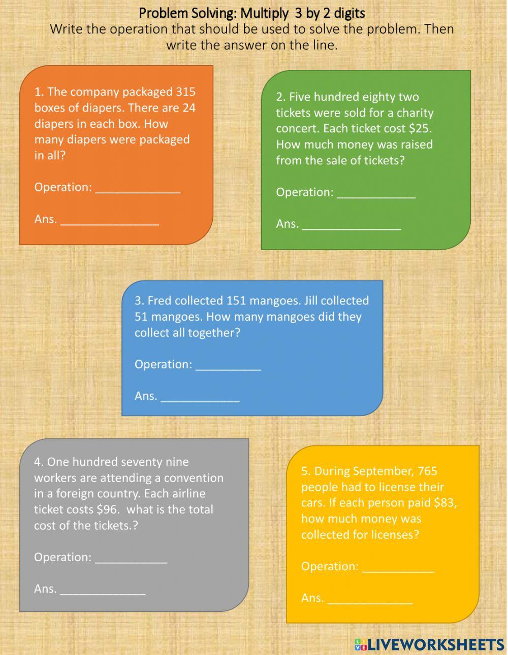 Problem solving - multiplication 3 by 2 digits online exercise for | Live Worksheets