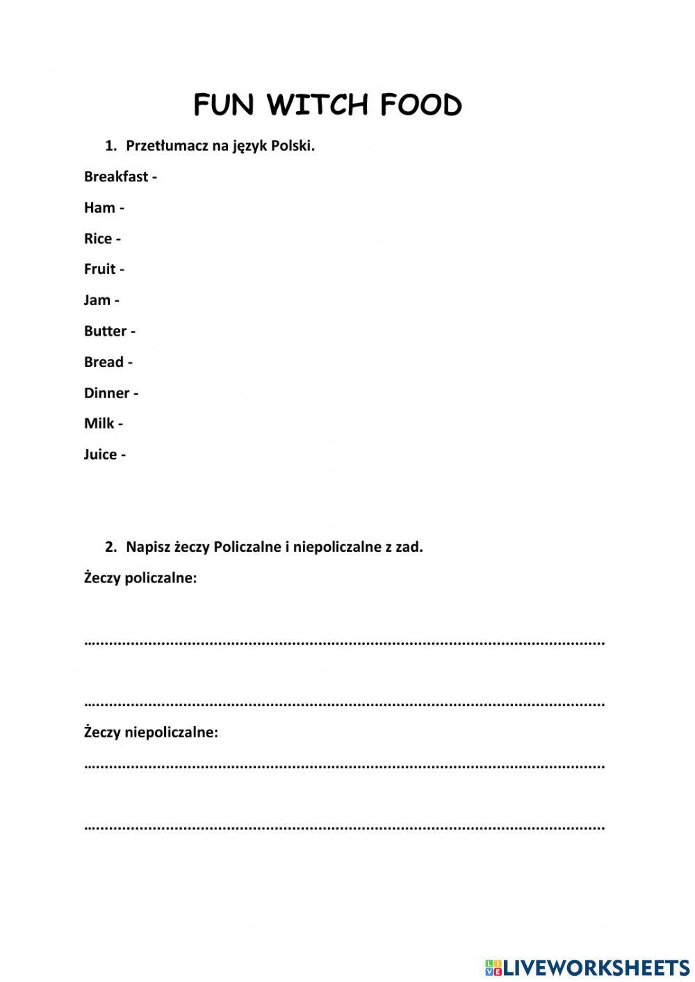 Fun witch food worksheet | Live Worksheets