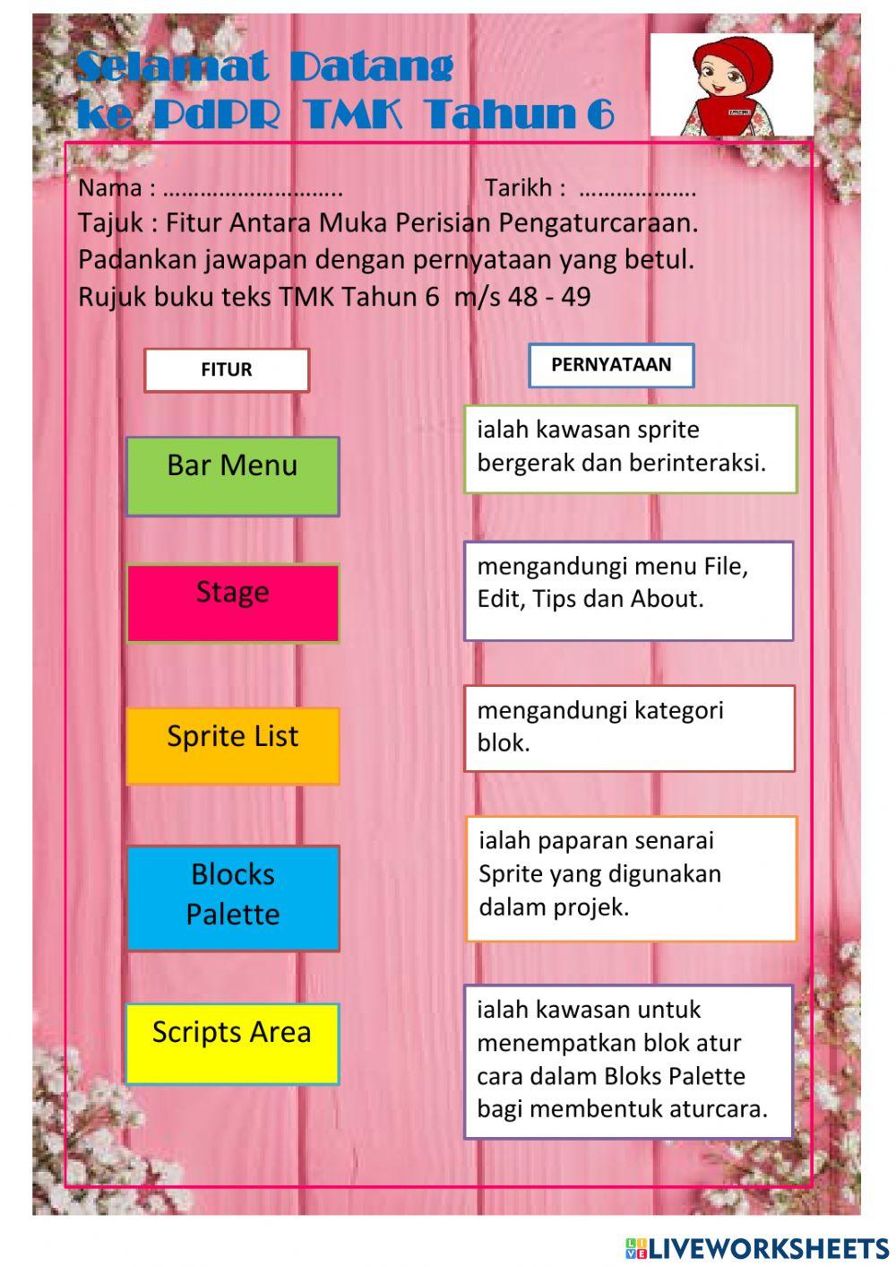 Fitur Antara Muka Perisian Pengaturcaraan TMK T6 worksheet | Live ...