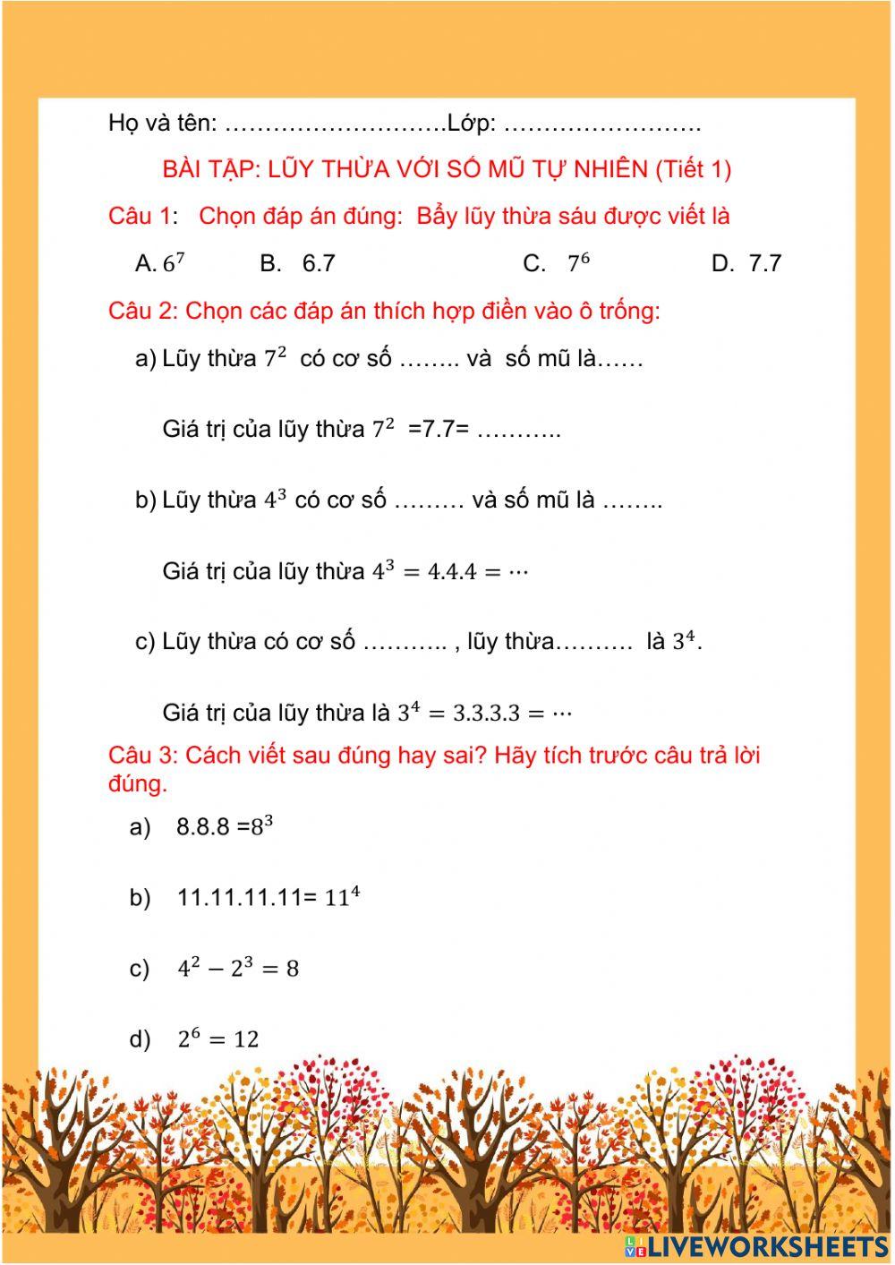 lũy thưa lớp 6 tiết 1 bai moi chinh online exercise for | Live Worksheets