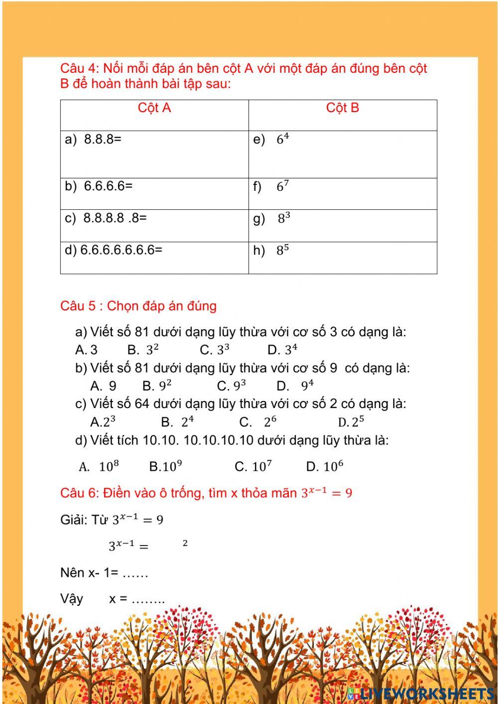 lũy thưa lớp 6 tiết 1 bai moi chinh online exercise for | Live Worksheets