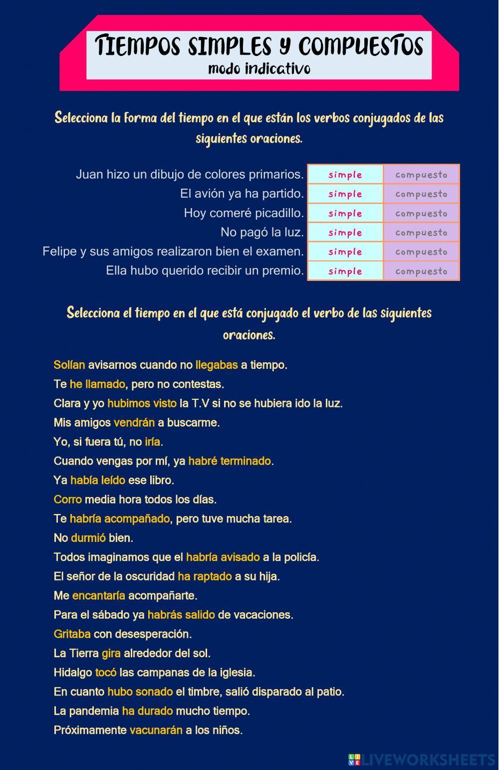 TIEMPOS SIMPLES Y COMPUESTOS 4 worksheet | Live Worksheets