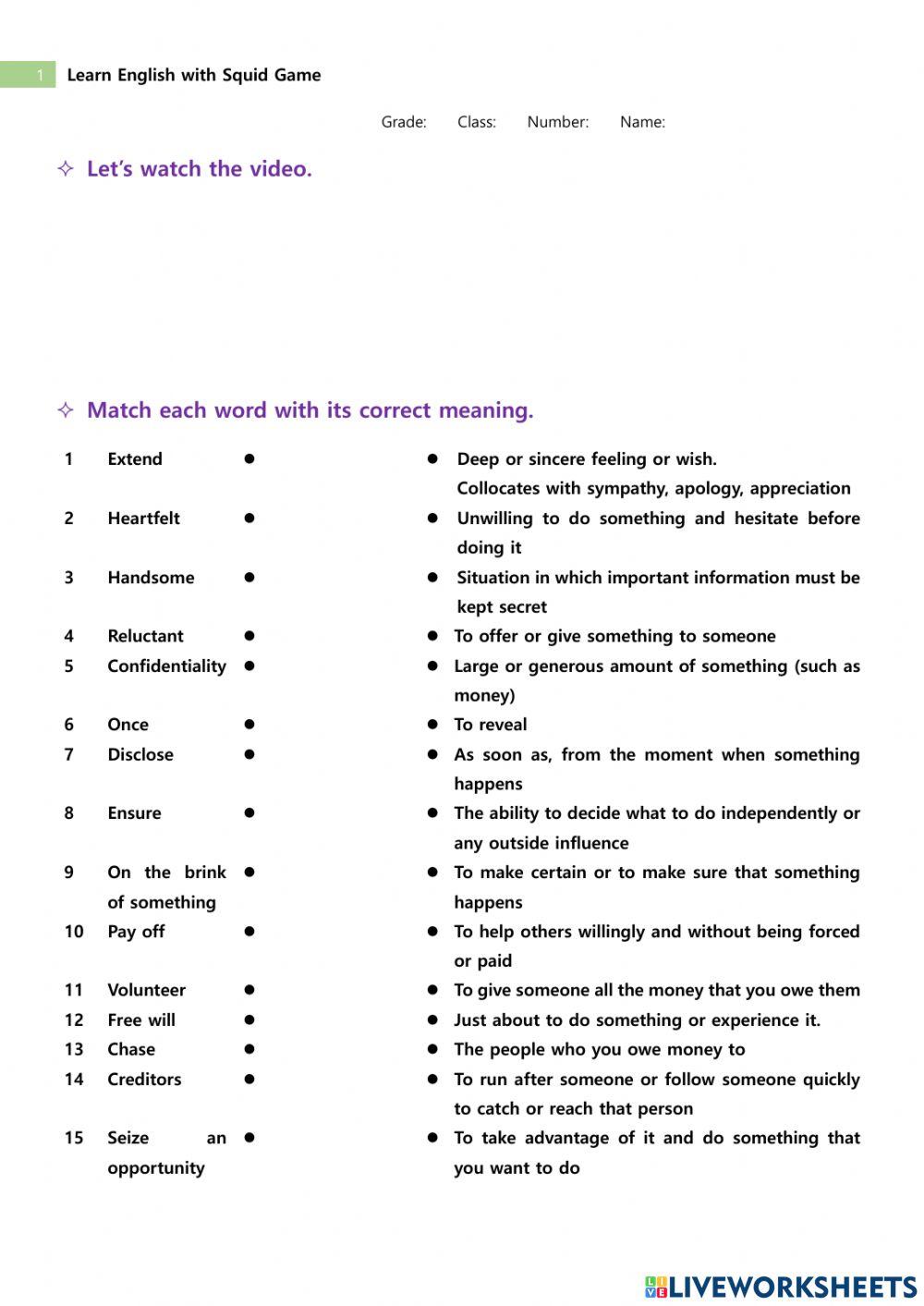 Learn English with Squid Game online exercise for | Live Worksheets