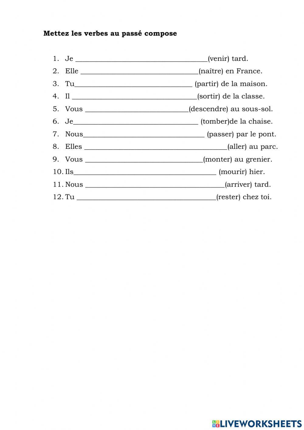 Passe compose a… | Free Interactive Worksheets | 1610568