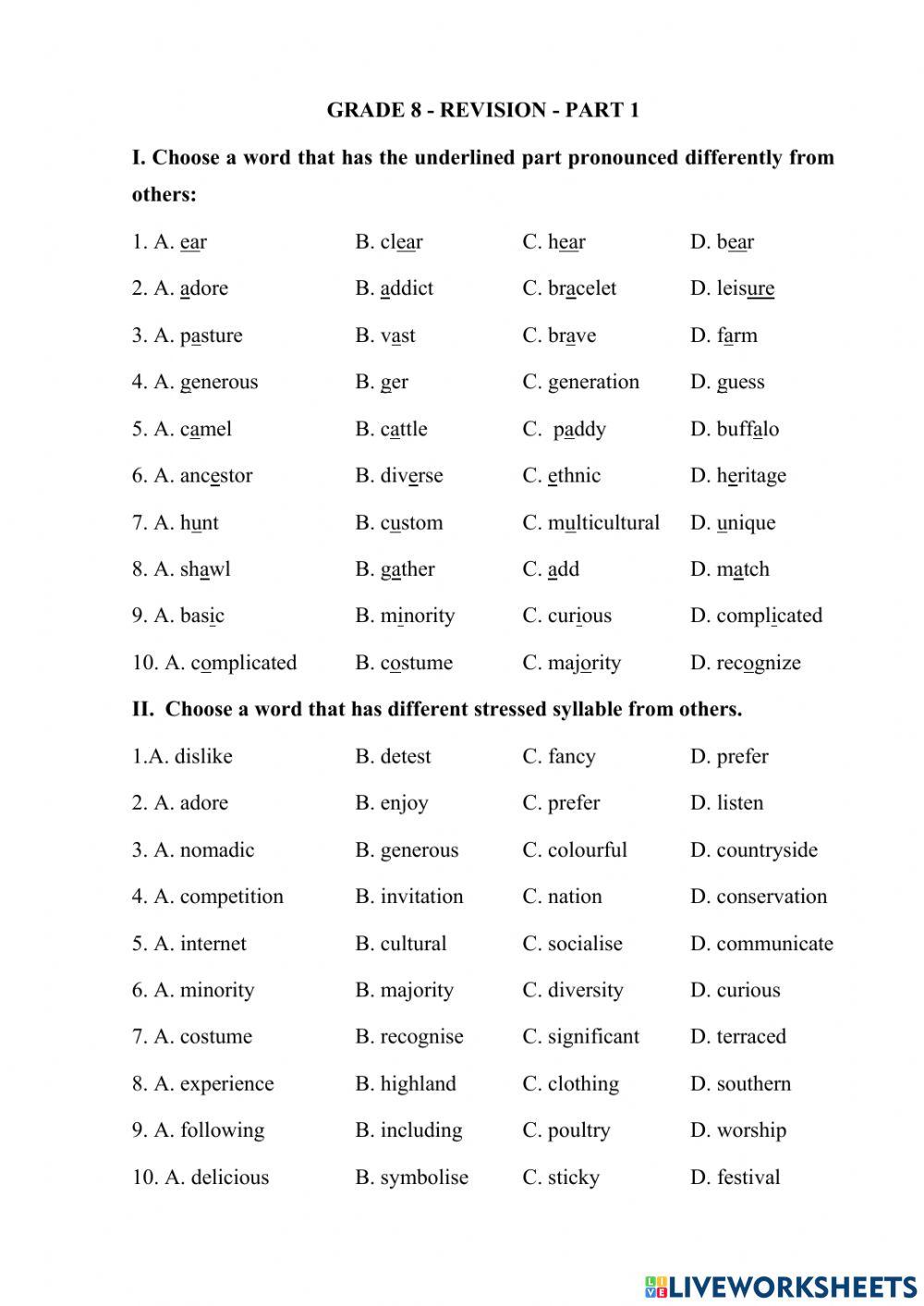 GRADE 8 - REVISION - PART 1 online exercise for | Live Worksheets