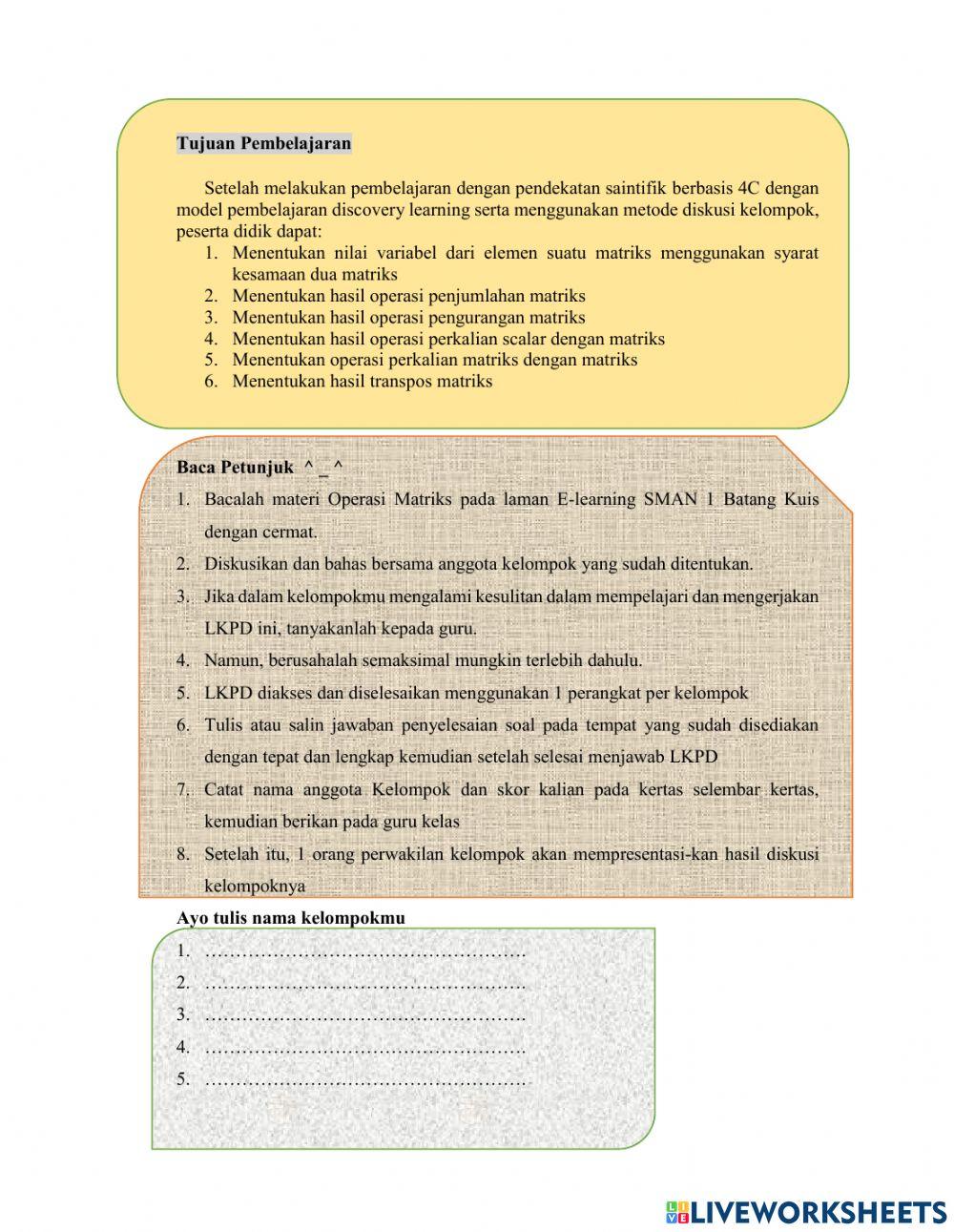 Operasi Matriks1 worksheet | Live Worksheets
