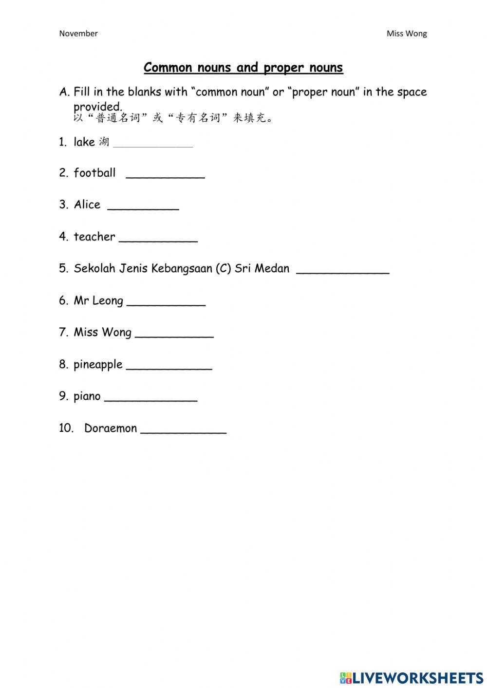 Common and proper nouns exercises interactive worksheet | Live Worksheets