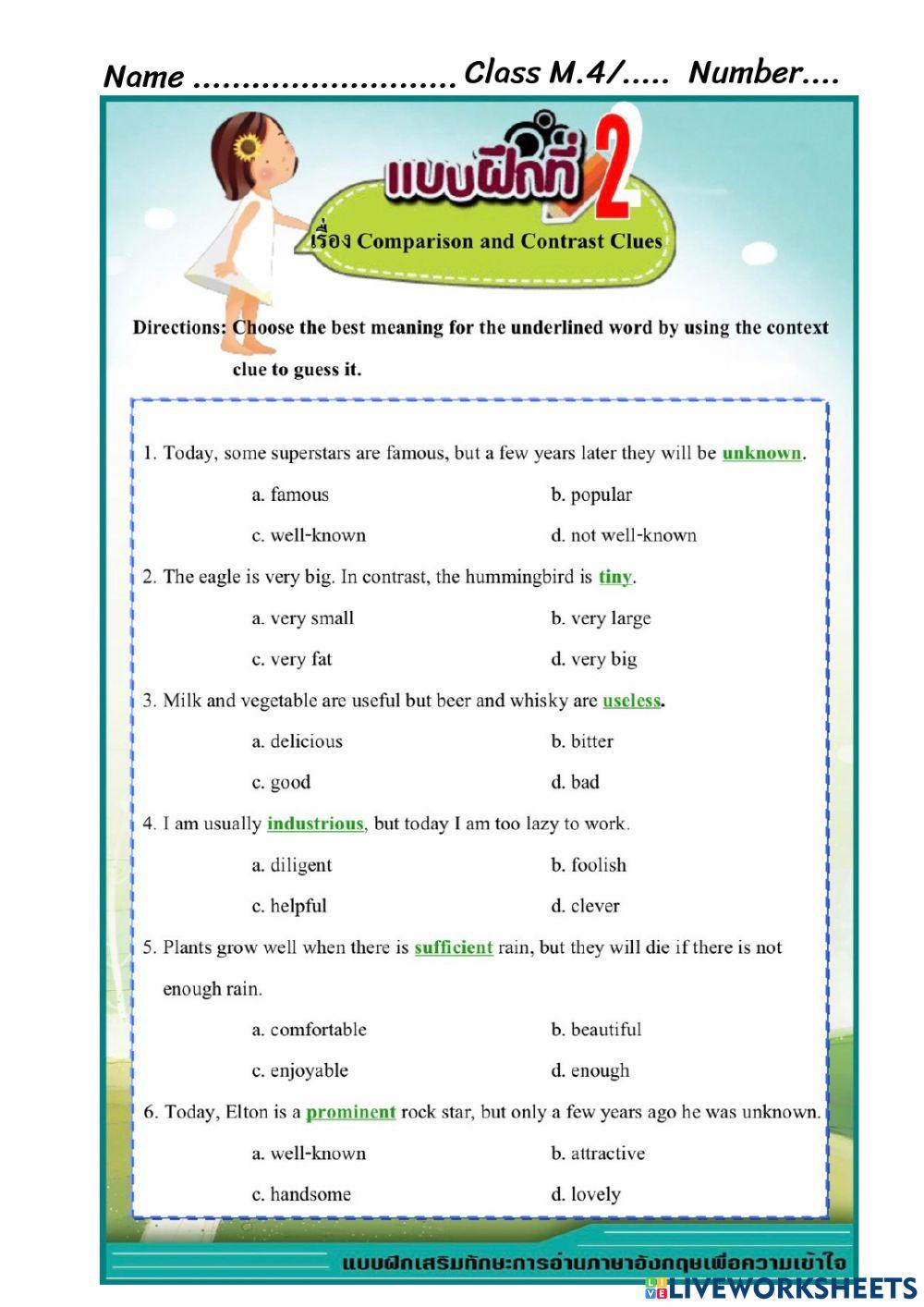 แบบทดสอบ Contrast Clues and Example Clues online exercise for | Live ...