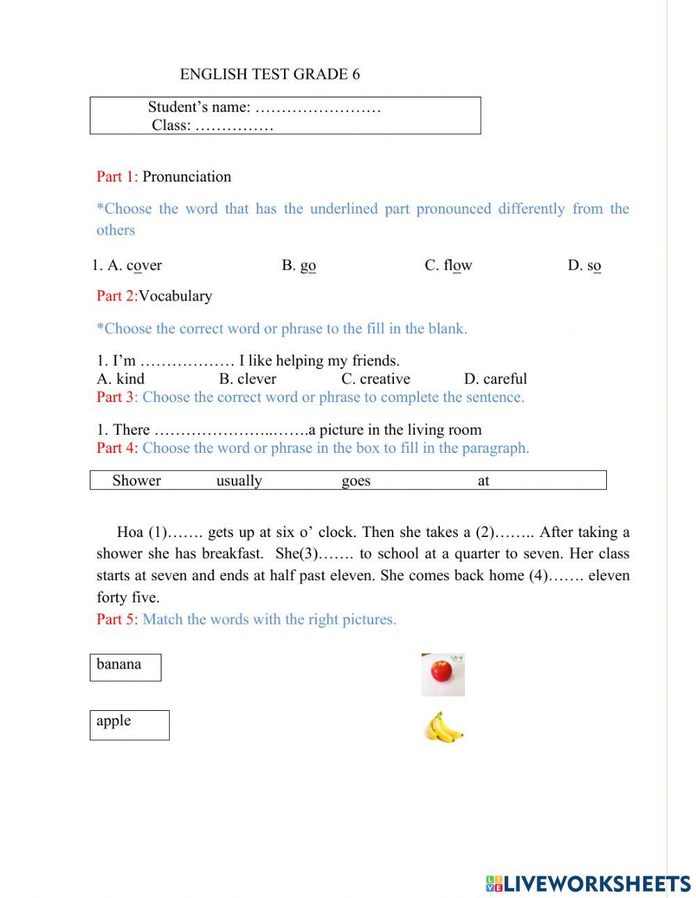 English test grade 6 worksheet | Live Worksheets