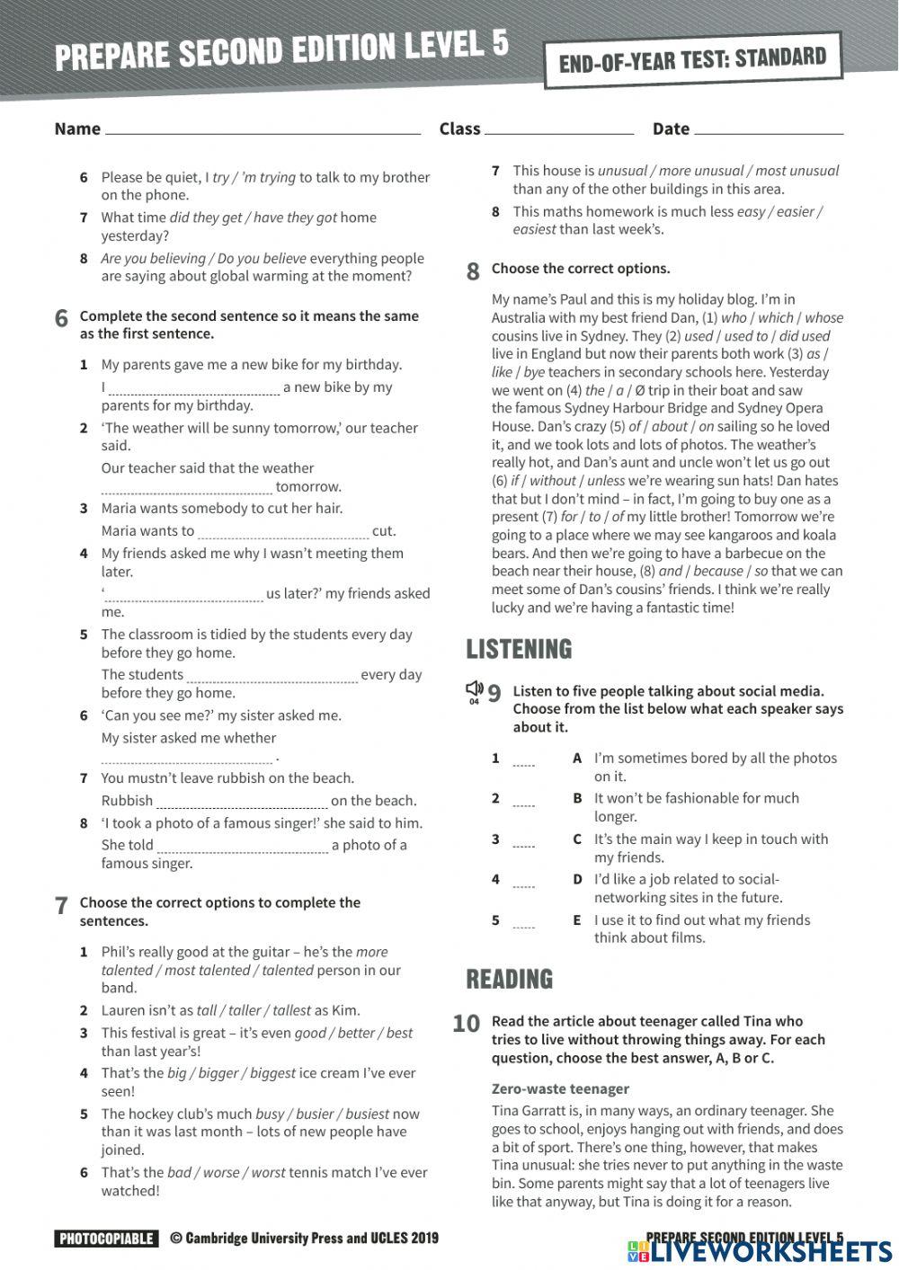 PREPARE 5 - FINAL TEST 4099042 | SSenglish4 | Live