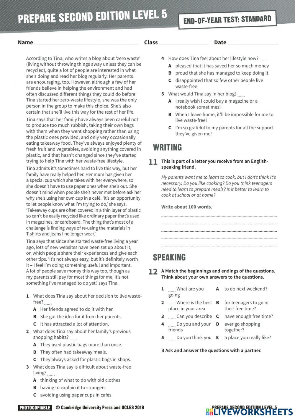 PREPARE 5 - FINAL TEST 4099042 | SSenglish4 | Live