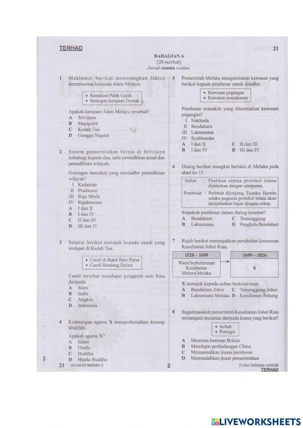 Kertas model 4 t2 worksheet | Live Worksheets