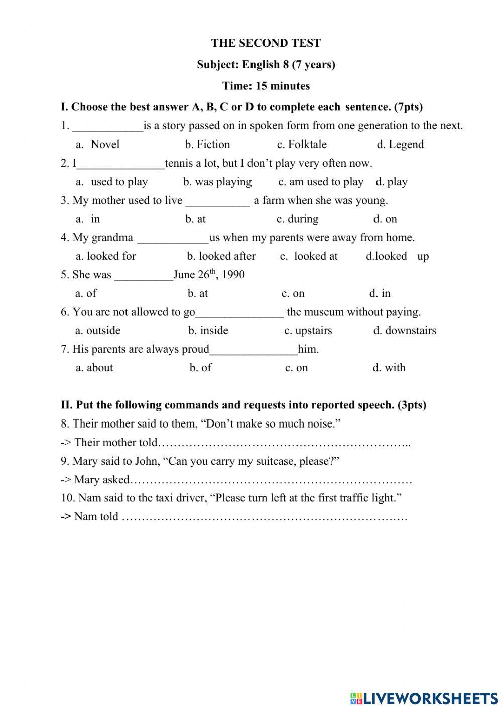 Second test - English 8 cũ worksheet | Live Worksheets