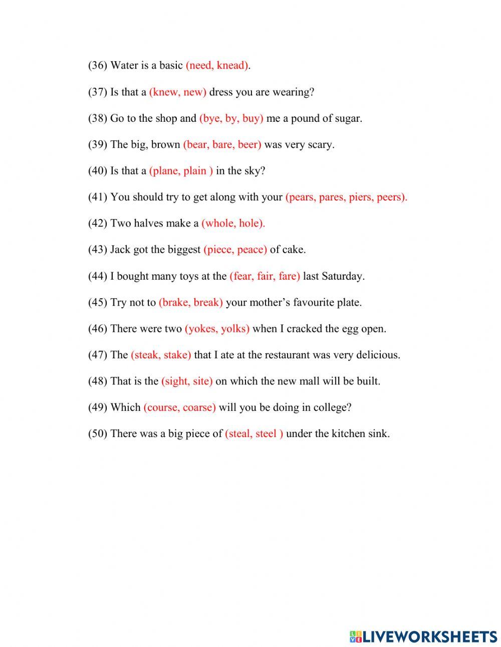 Homophones Test online exercise for | Live Worksheets