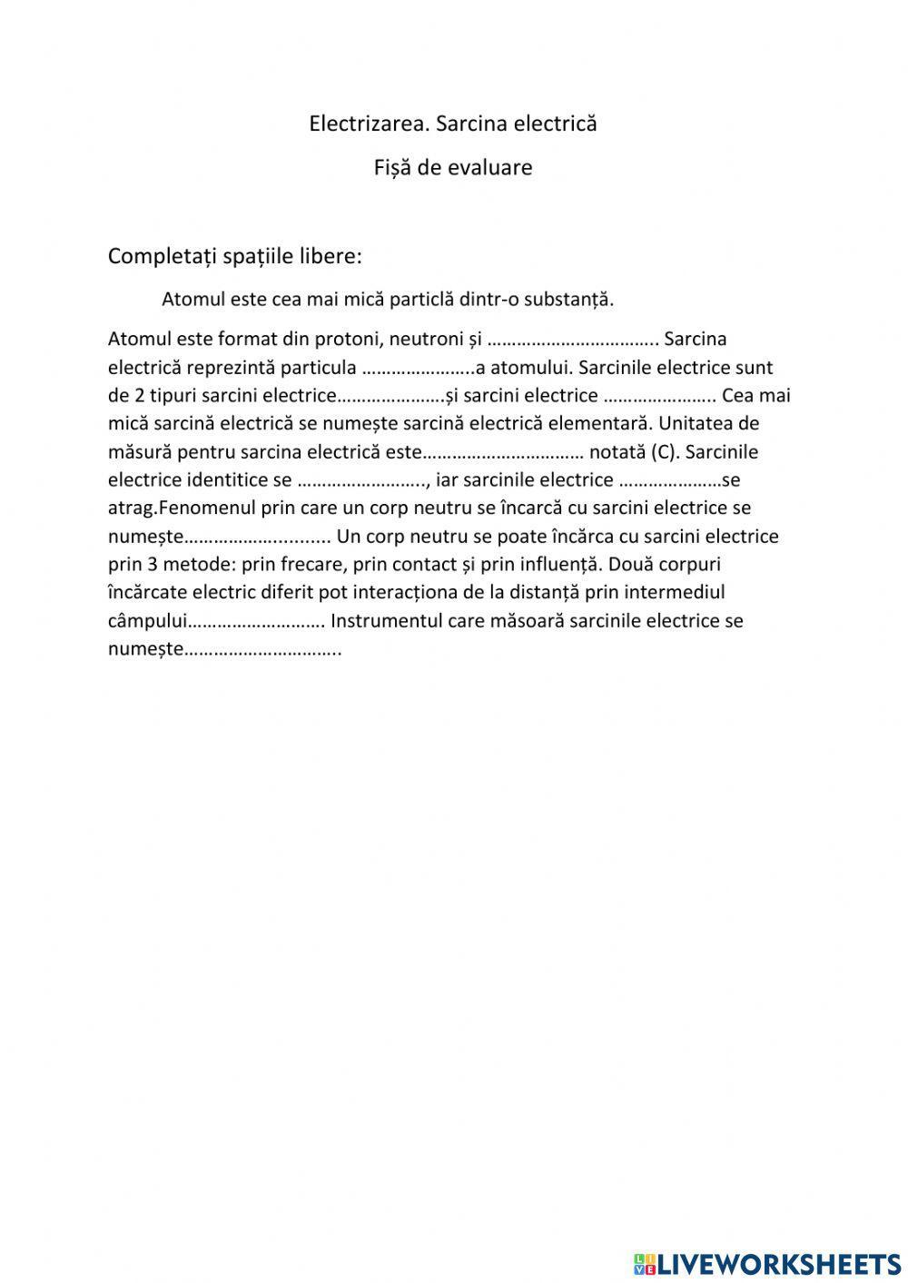 Sarcina electrică. Electrizarea online exercise for | Live Worksheets