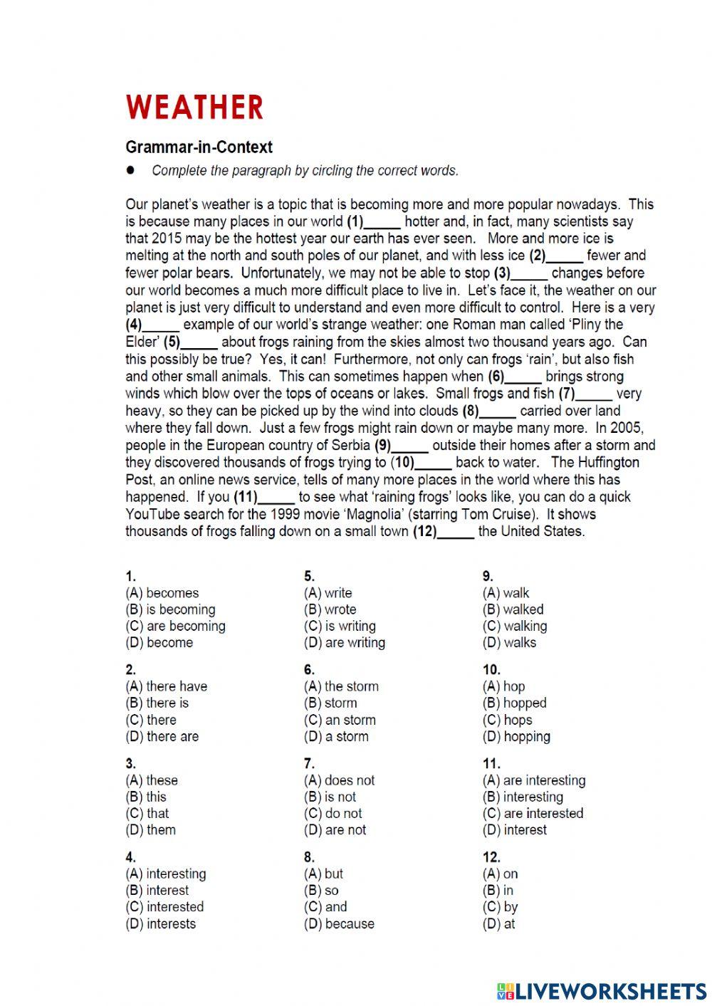 Weather: raining frogs worksheet | Live Worksheets