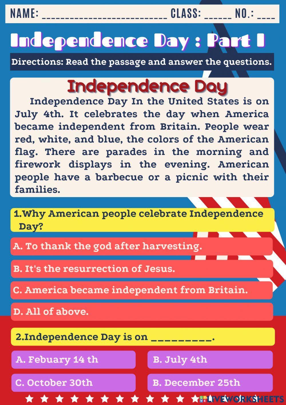 Independence Day | Free Interactive Worksheets | 1615371