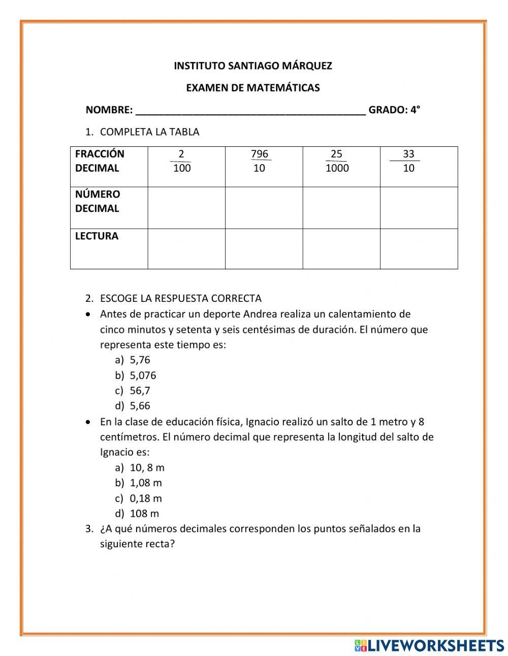 Examen de matemáticas interactive exercise for 4 | Live Worksheets