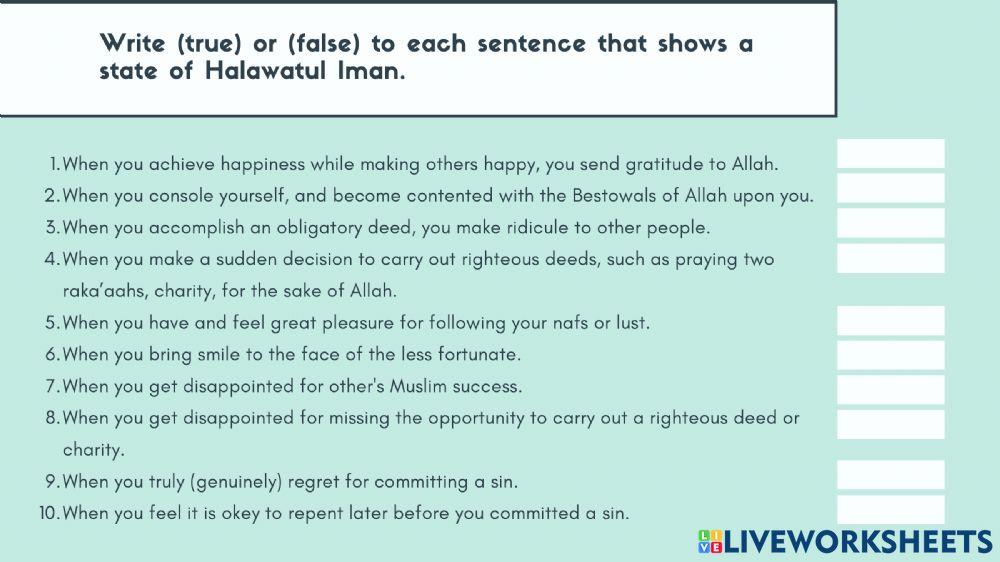 Halawatul Iman worksheet | Live Worksheets