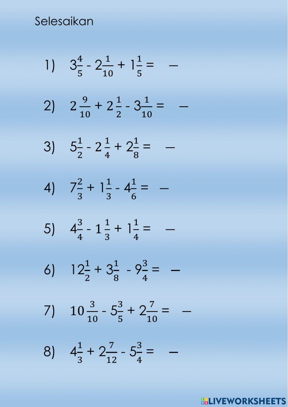 Operasi bergabung nombor bercampur worksheet | Live Worksheets