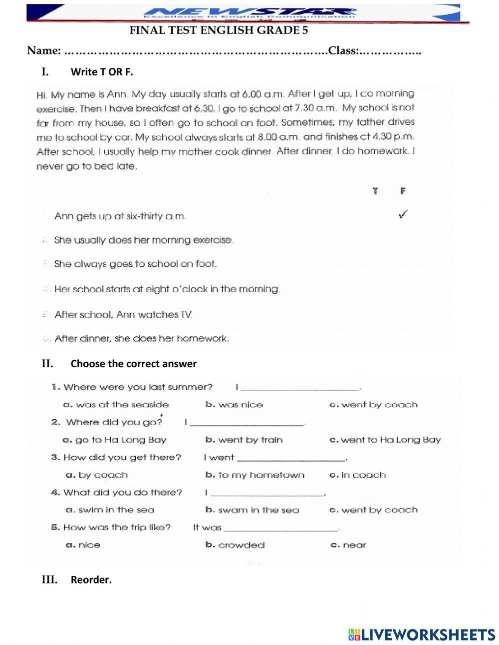 5a1 thi lan 2 online exercise for | Live Worksheets