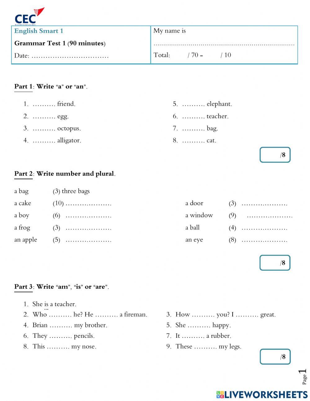 ES1 - Grammar Test 1 worksheet | Live Worksheets