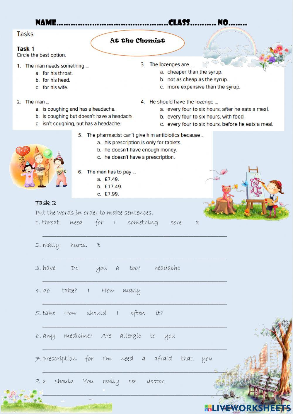 At the Chemist | Free Interactive Worksheets | 7135245