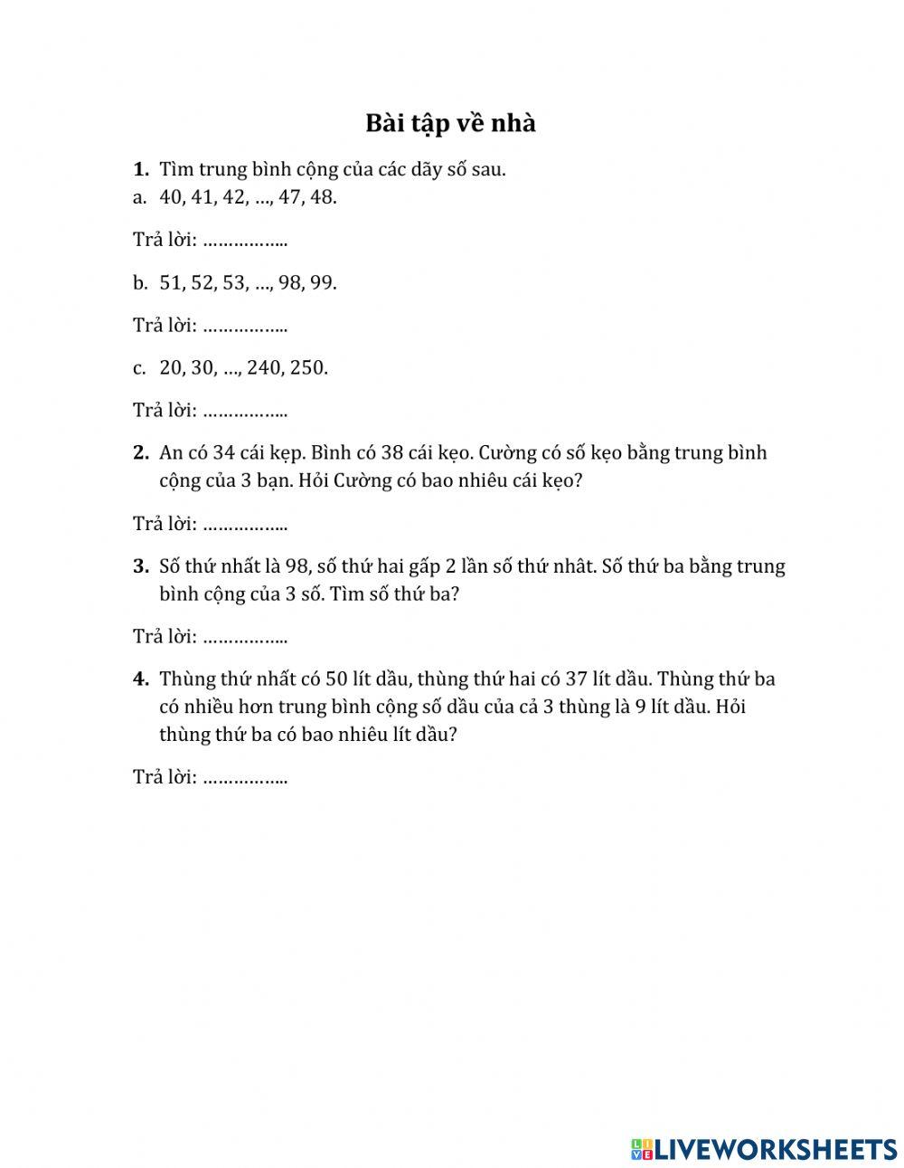 BTVN buổi 10 Trung bình cộng worksheet | Live Worksheets