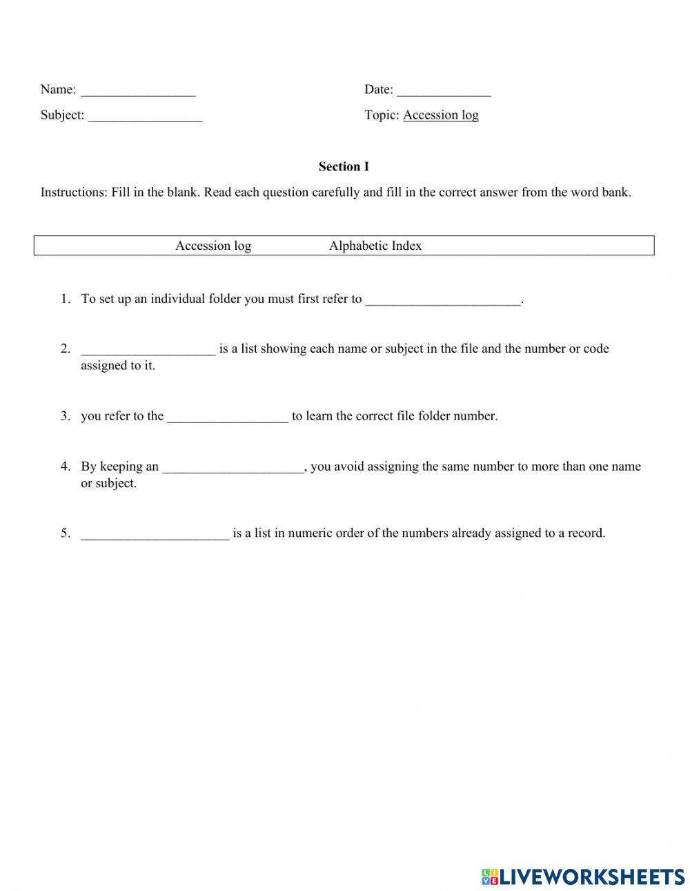 Accession Log Activity Worksheet online exercise for | Live Worksheets