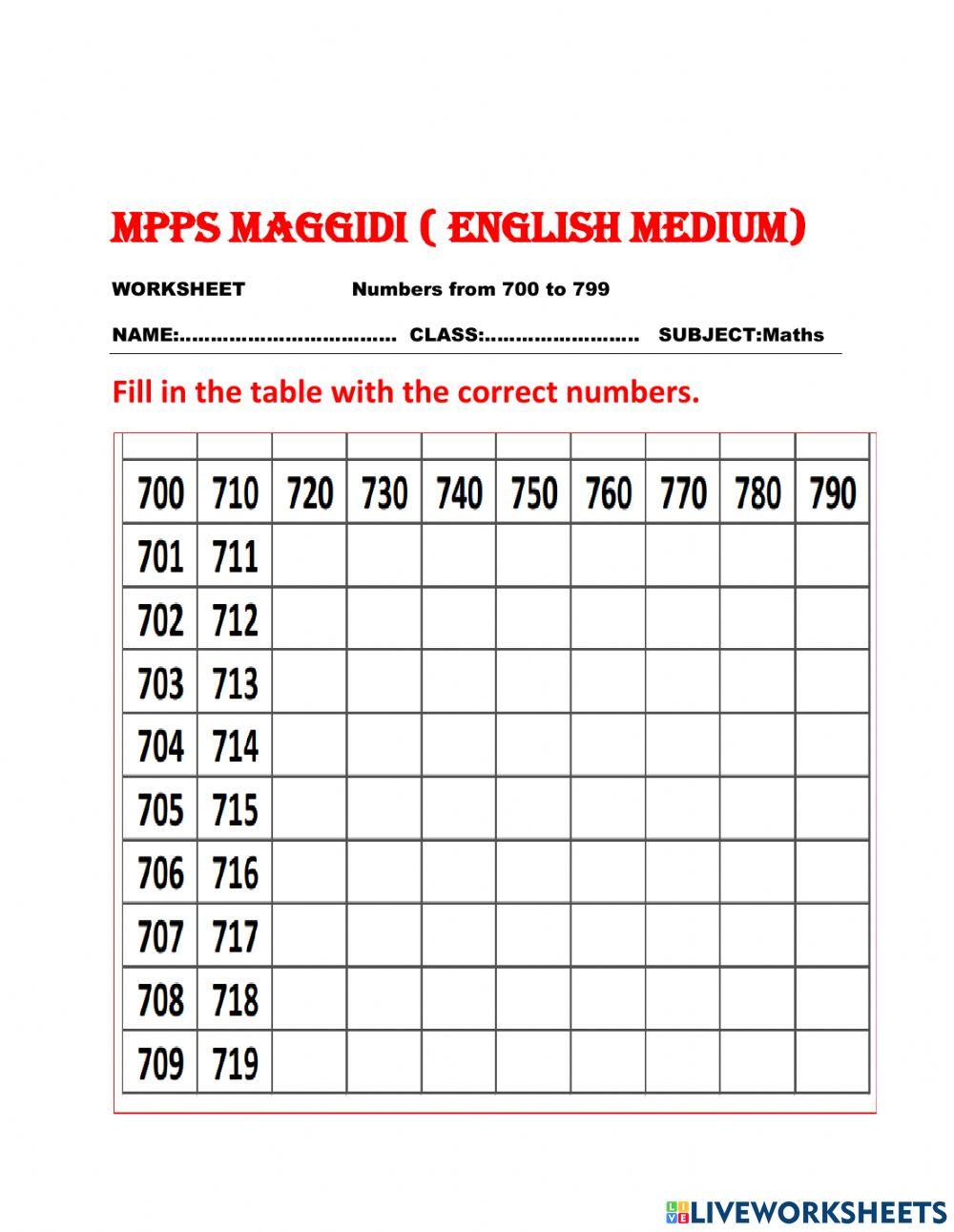 Numbers from 700 to 799 worksheet | Live Worksheets