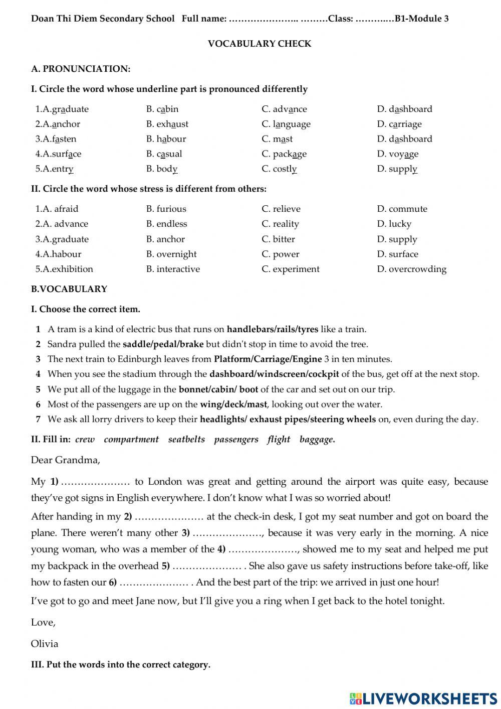 B1 VOCABULARY TEST 3 online exercise for | Live Worksheets