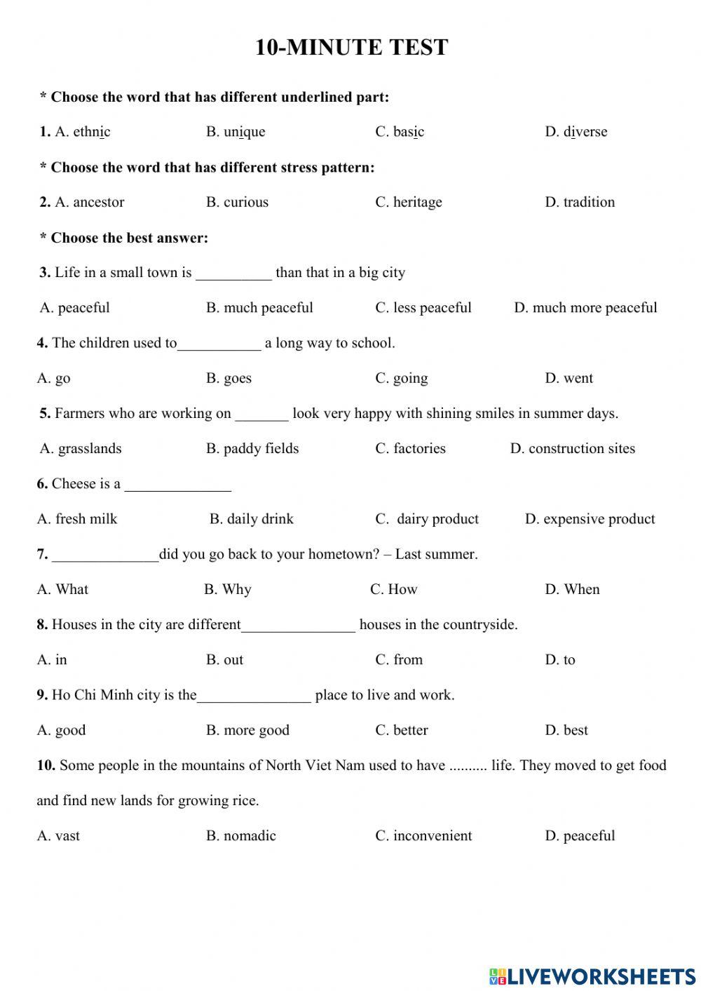 10-minute test-k8 worksheet | Live Worksheets