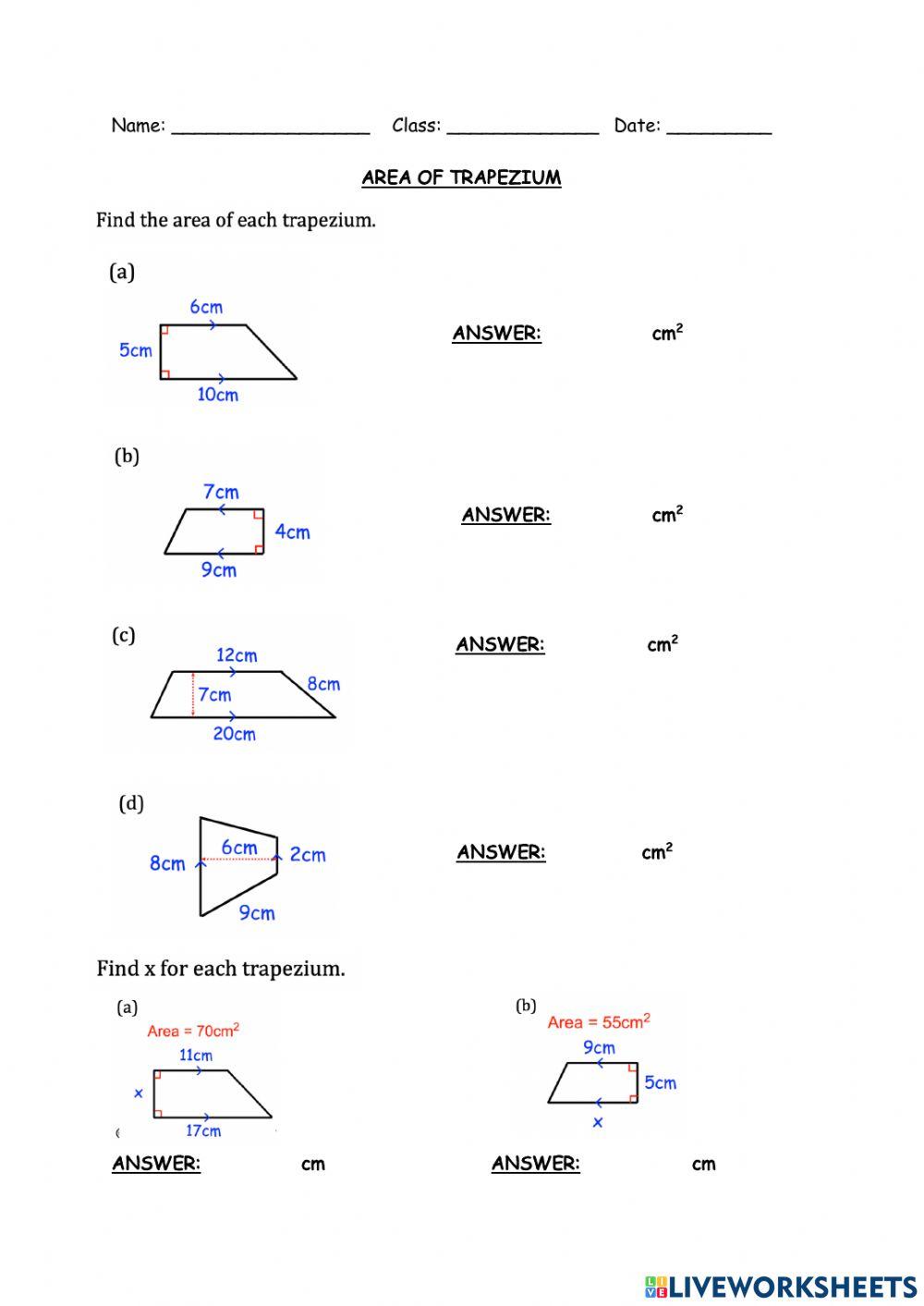 Area of Trapezium 3951040 | Azleffa | Live Worksheets