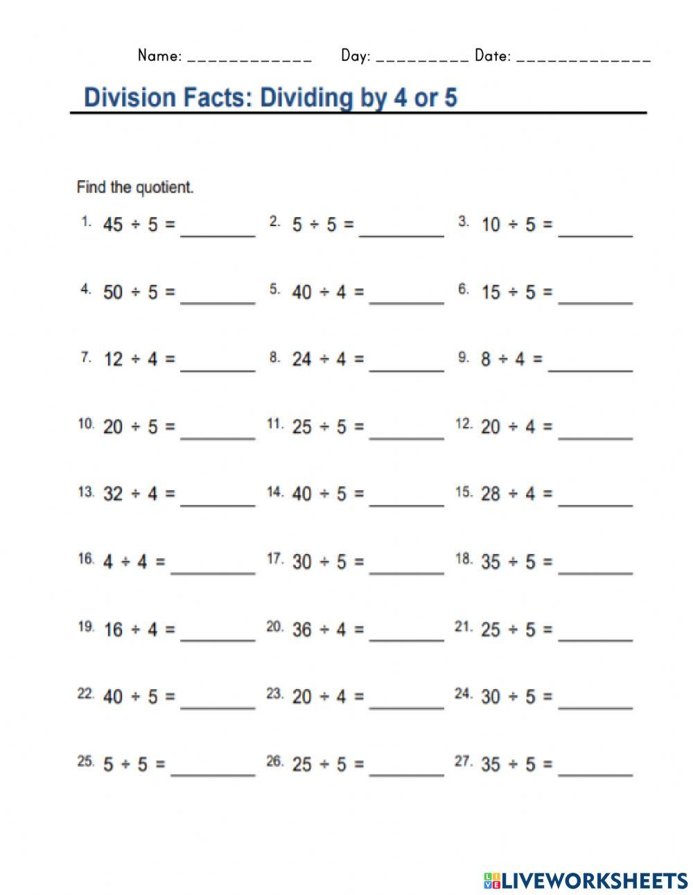 Division online exercise for grade 3 | Live Worksheets