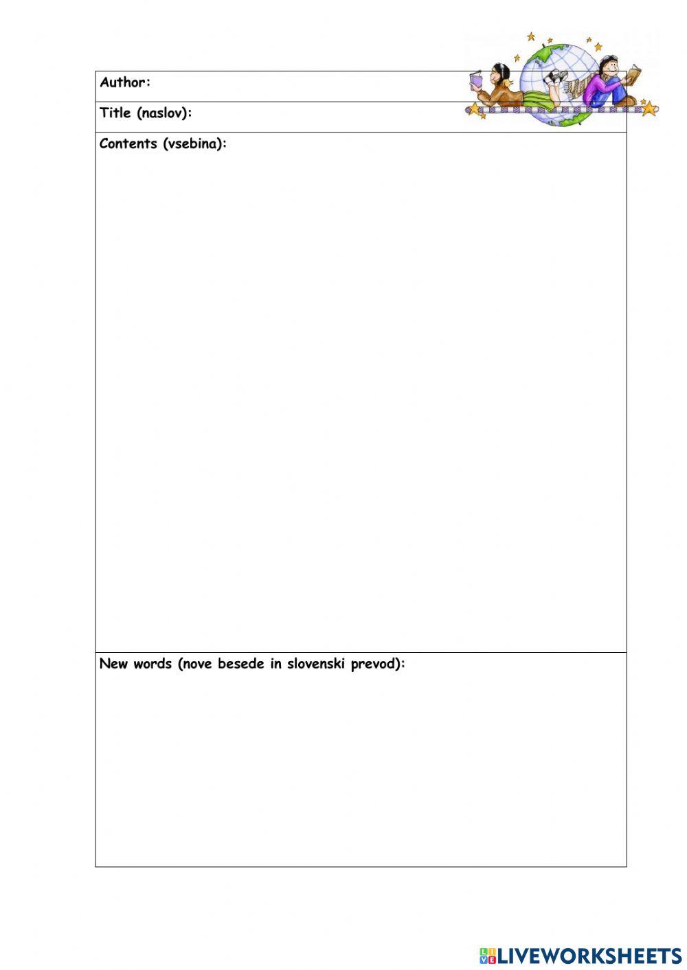 My reading journal interactive worksheet | Live Worksheets