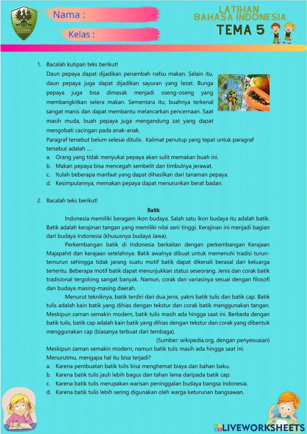 Latihan Tema 5 (Soal Literasi) online exercise for | Live Worksheets