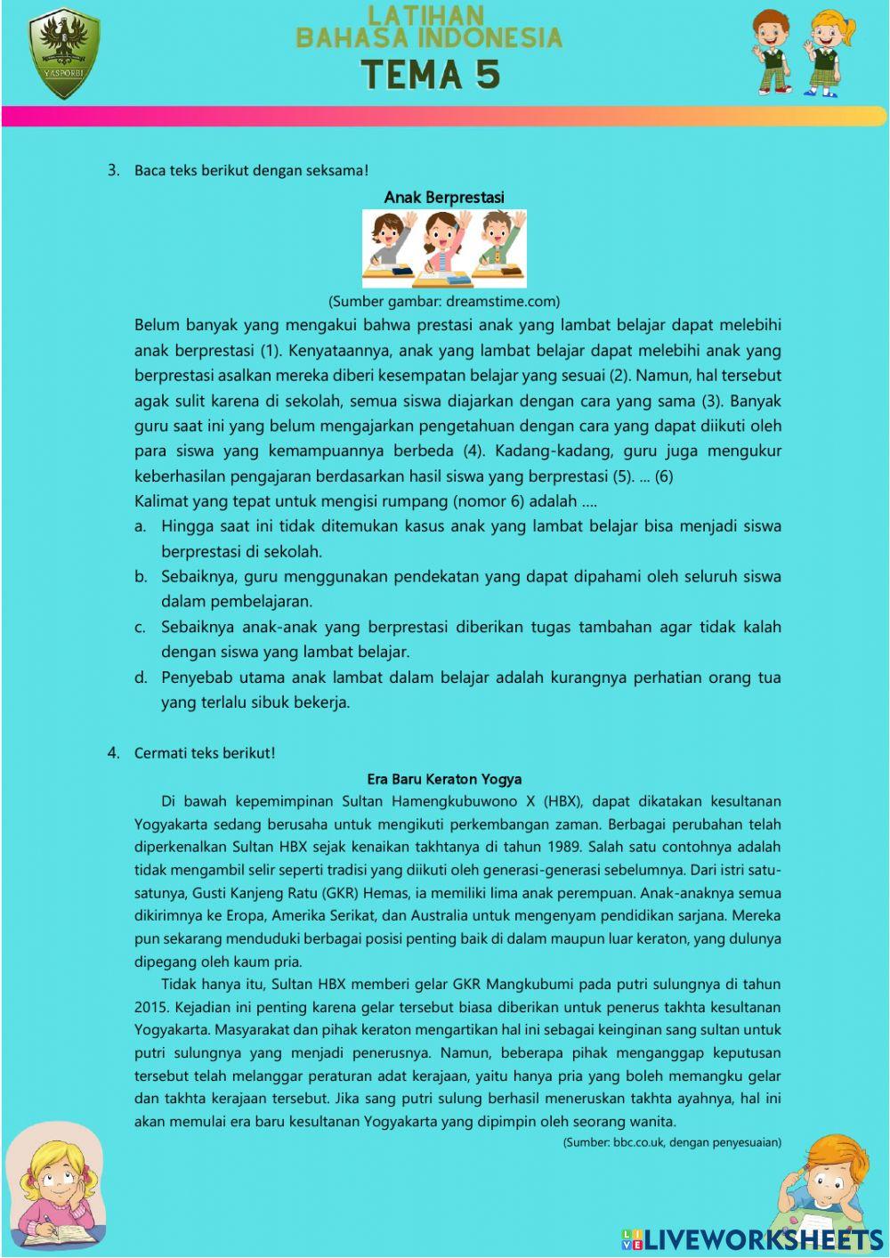 Latihan Tema 5 (Soal Literasi) online exercise for | Live Worksheets