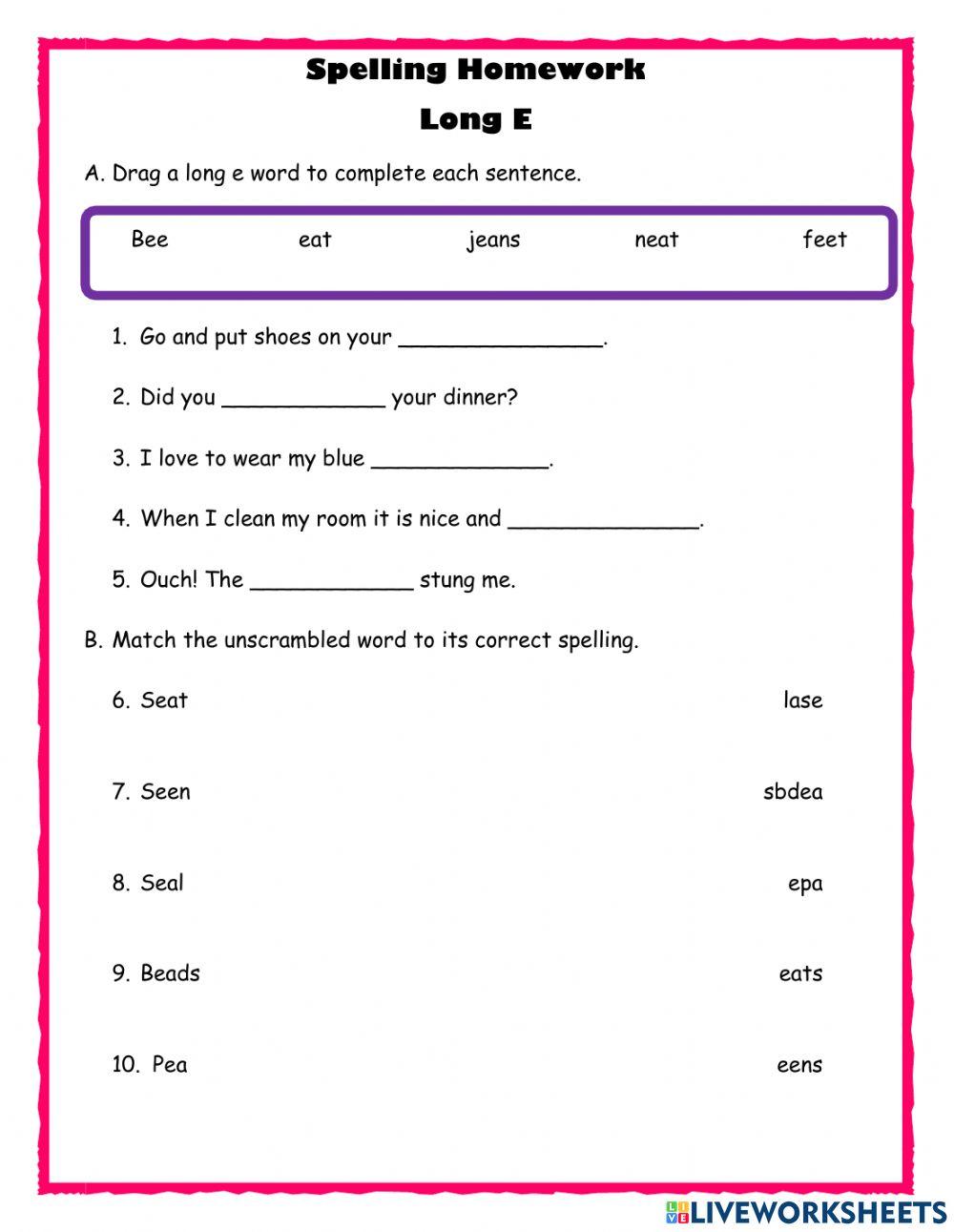 Long E Vowel interactive worksheet | Live Worksheets