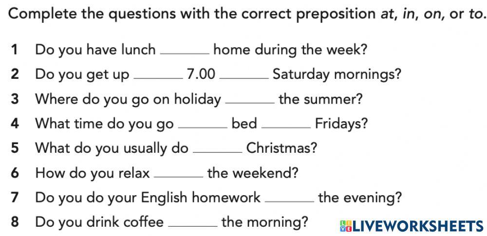 Complete wit the preposition and Q&A worksheet | Live Worksheets