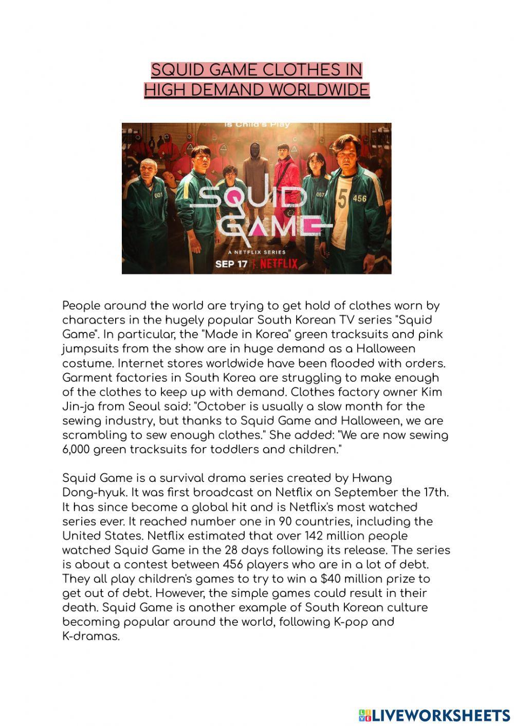 Squid game clothes in high demand worldwide worksheet | Live Worksheets
