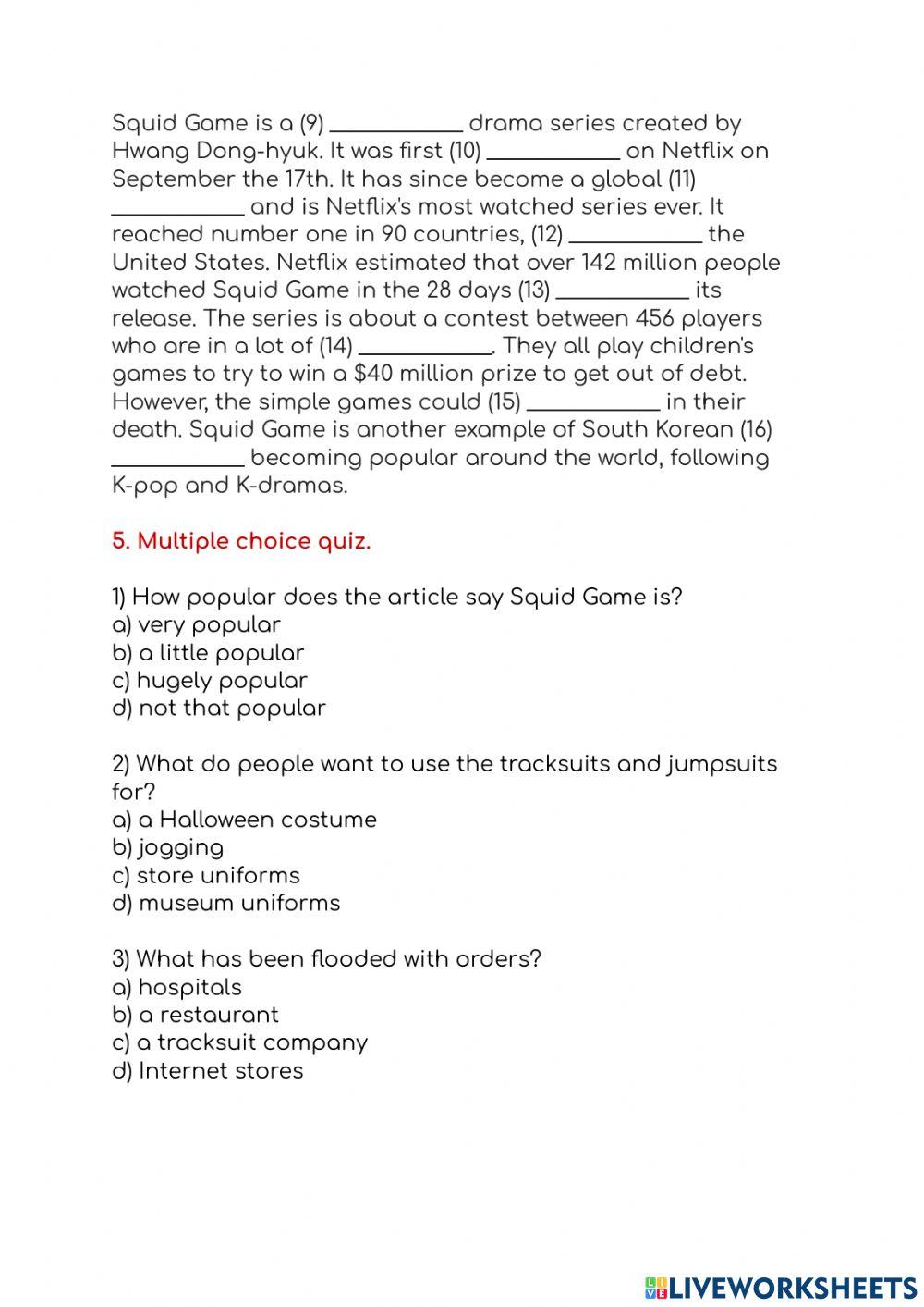 Squid game clothes in high demand worldwide worksheet | Live Worksheets