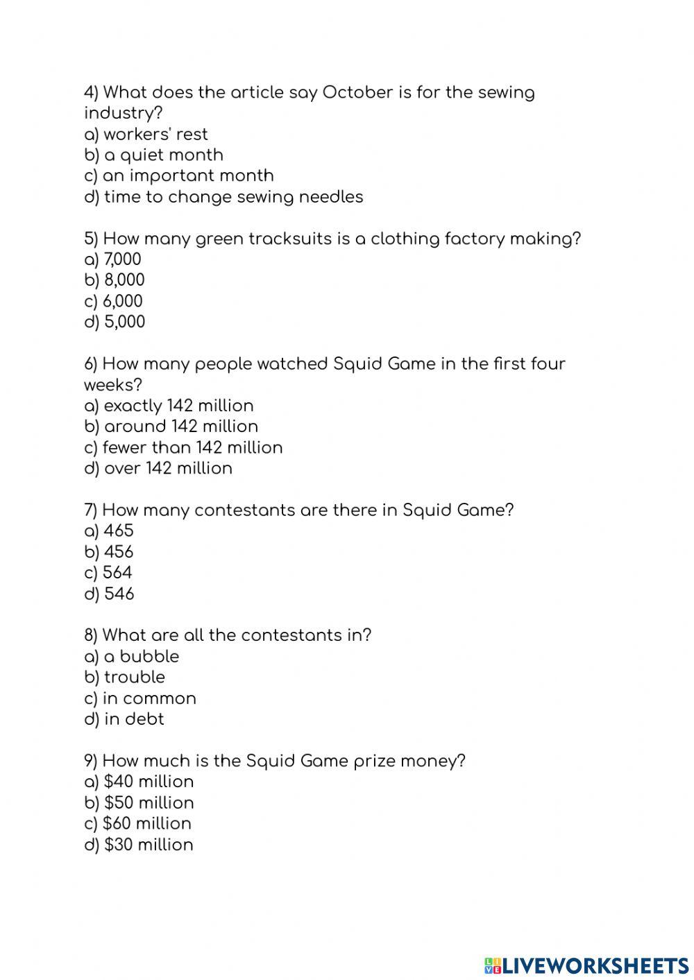 Squid game clothes in high demand worldwide worksheet | Live Worksheets