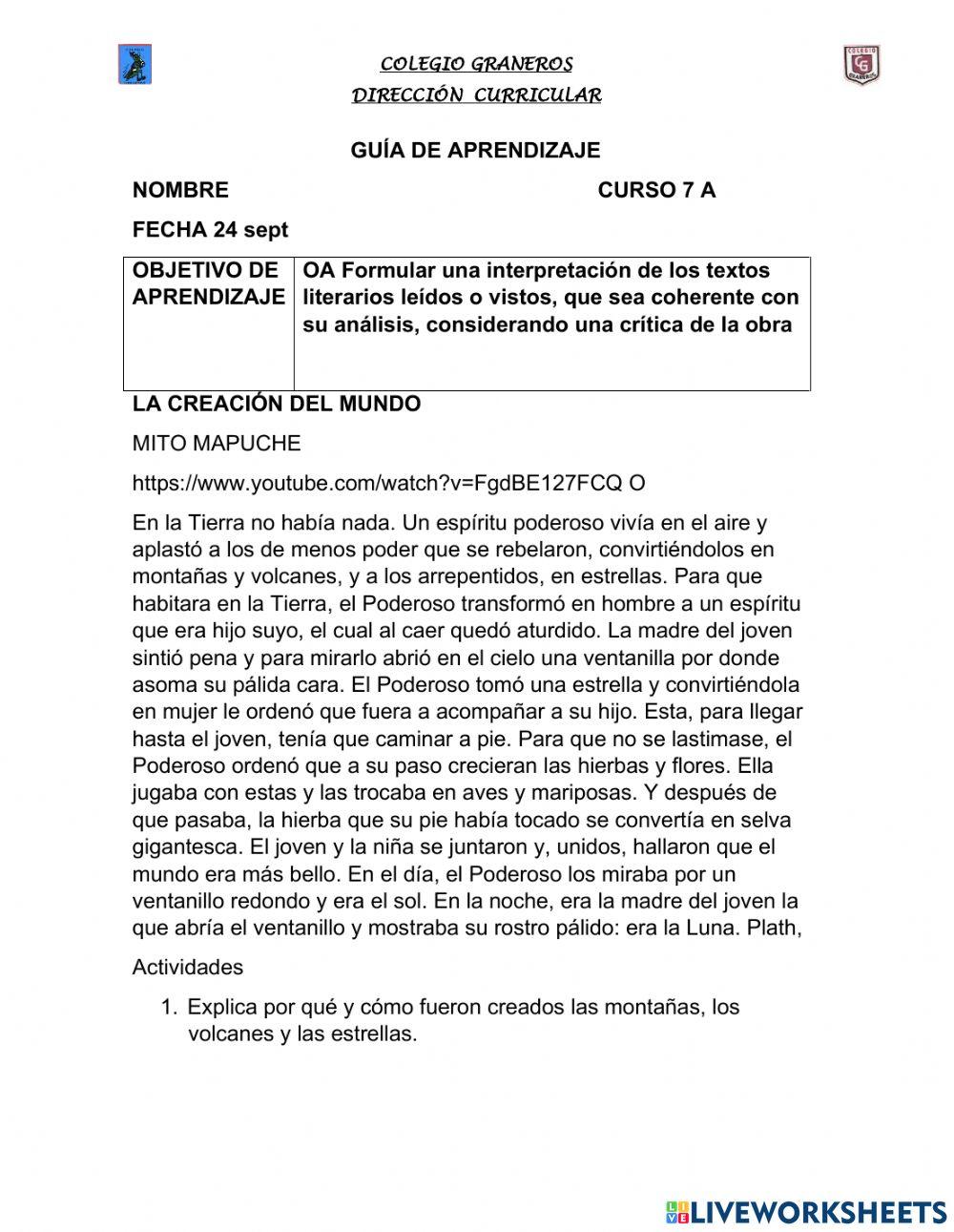 Mito mapuche worksheet | Live Worksheets