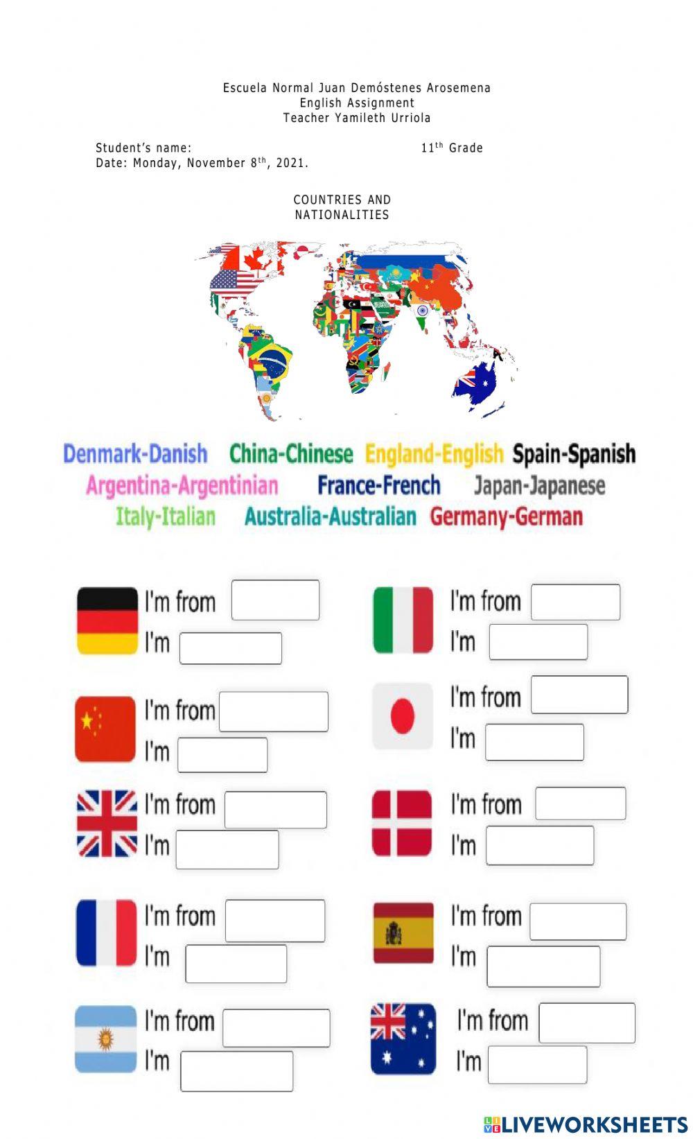 Countries and N… | Free Interactive Worksheets | 3472290